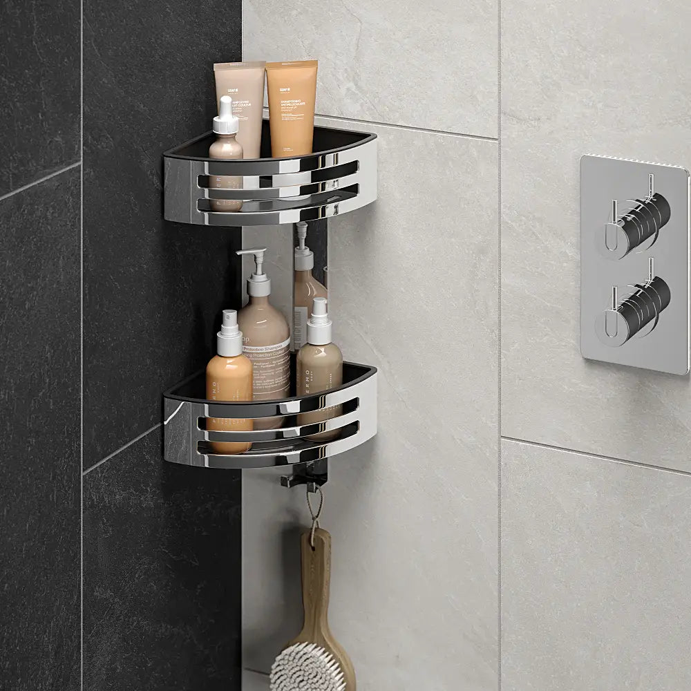 Chrome Two Tier Corner Shower Basket with Removable Trays — JMR House ...
